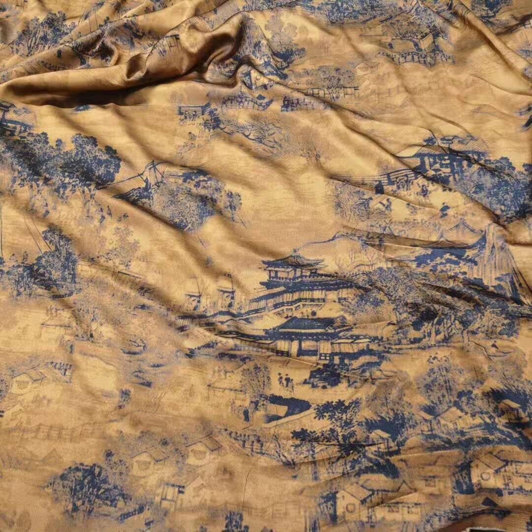 58"w 2 Colors Ancient Chinese Famous Paintings Satin Fabric, River on ...
