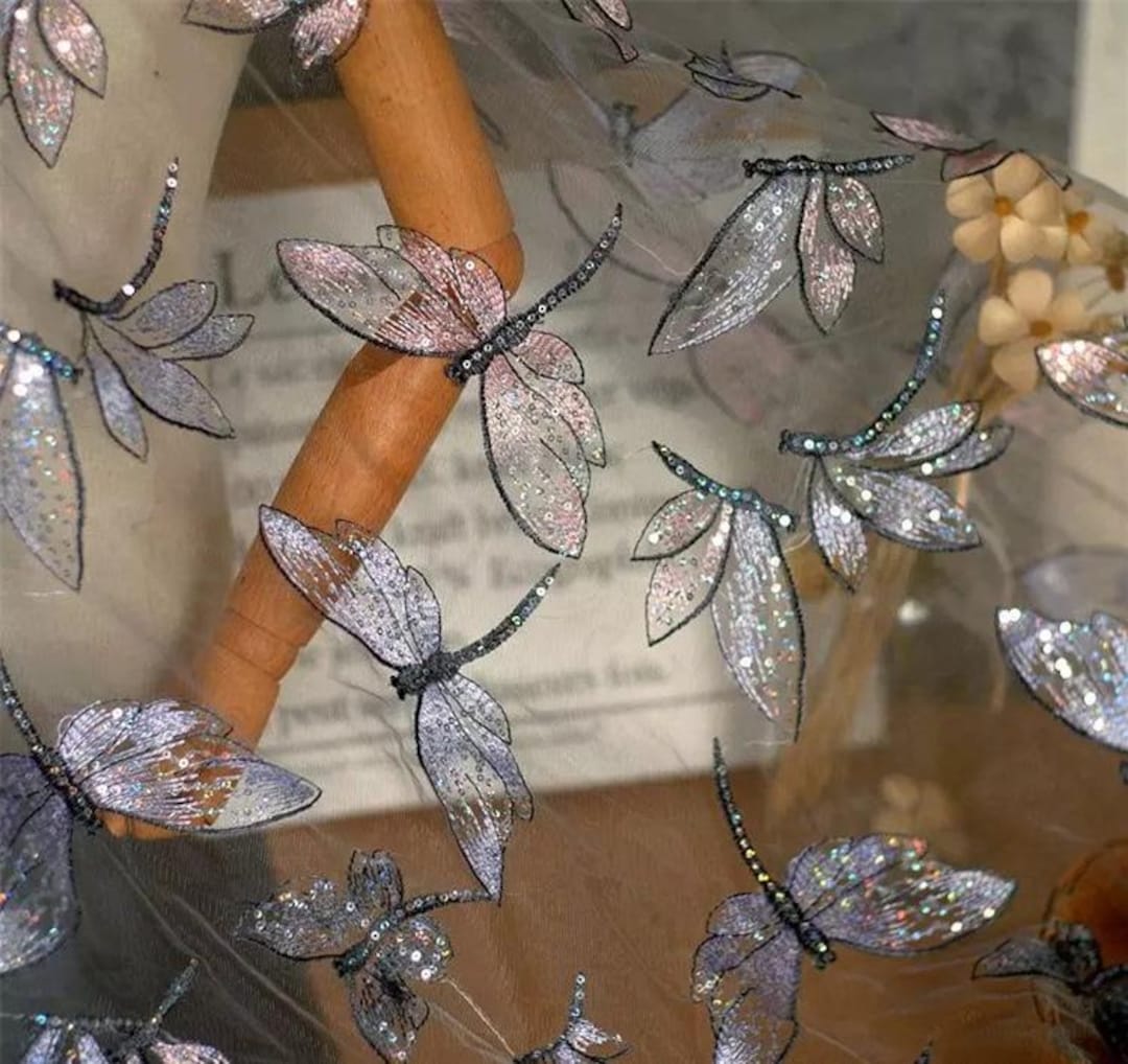 Butterfly Embroidered Sequin Lace Fabric: Two-tone Tulle Mesh, 59" Wide ...