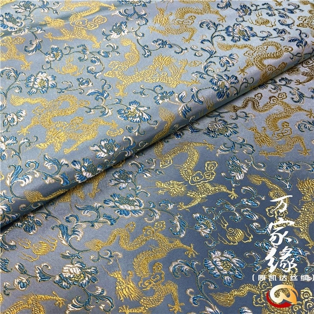 29.5"w Pure Natural Silk, Dragon & Flower Silk Brocade, Jacquard ...