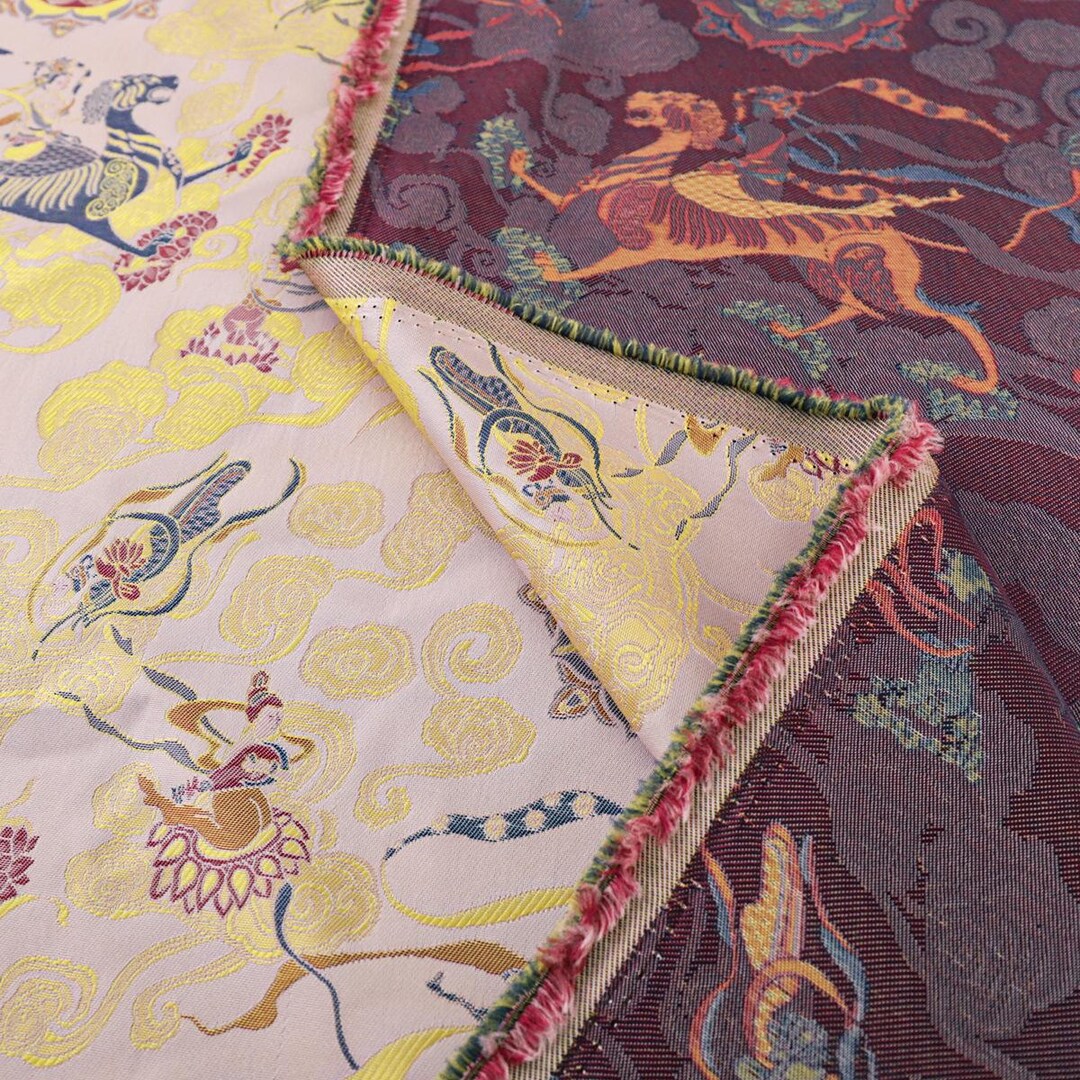 55“W Chinese Mongolian Pattern Damask Brocade, Emperor Tibetan Robe ...