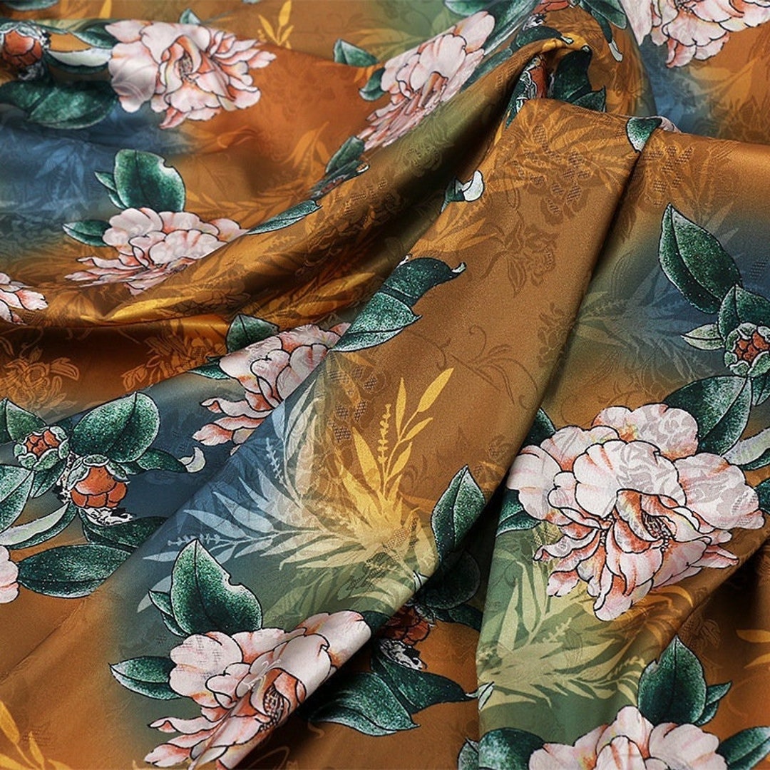 59w Peony Tea Silk Satin Fabric, Digital Print, 3 Colors, Sewing Fabric ...