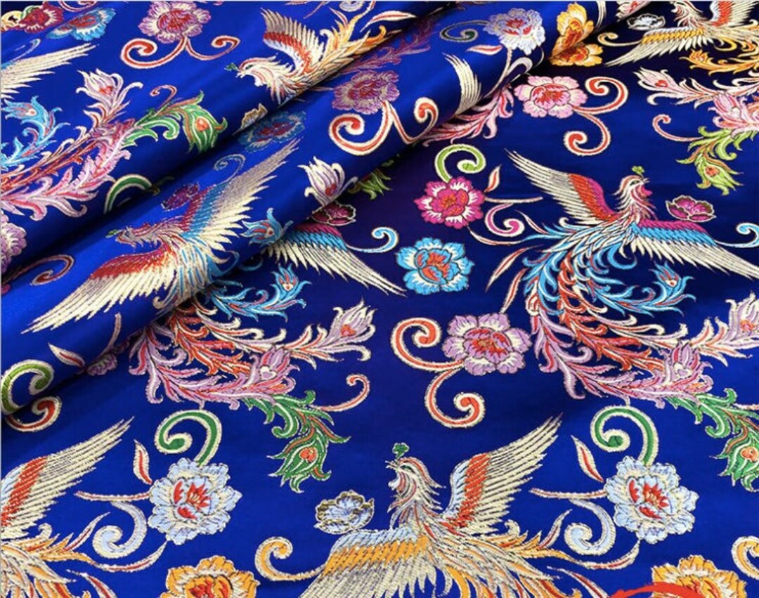 59"w Phoenix Wearing Peony Jacquard Satin Fabric, Silk Brocade Fabrics ...