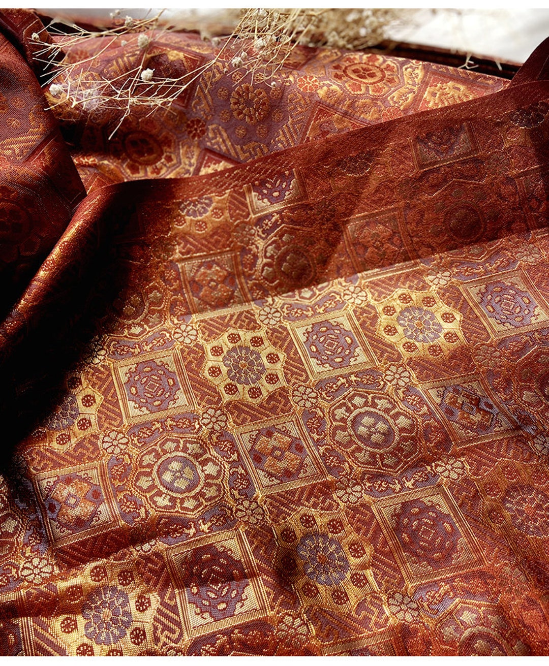 59" & 29.5"w Song Brocade, Red and Gold Rich Precious Square Pattern ...