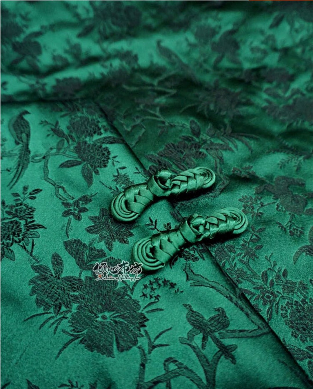 Jade Green Chinese Brocade Fabric Wild Bird and Azalea Cushion Cover ...