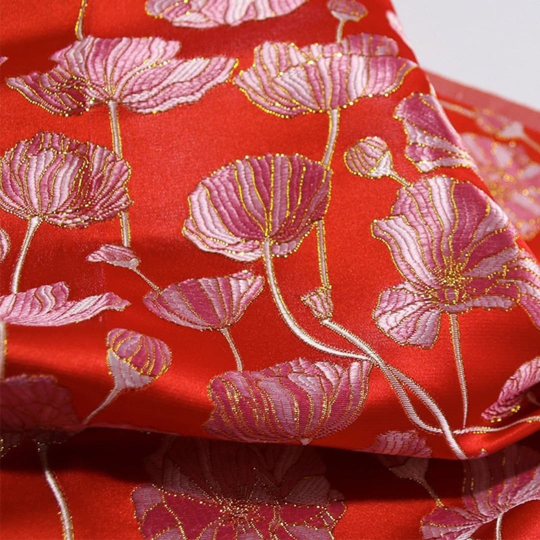 Lotus Jacquard Brocade Fabric: Red Silk Blend, Costume & Decor - 57”W ...