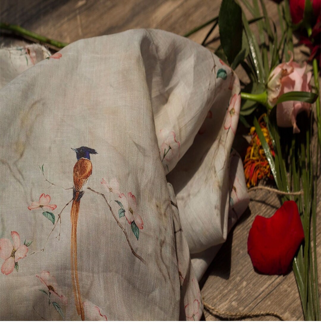 100% Ramie Fabric Flowers and Birds for Clothing & Home Textile, 55“W ...
