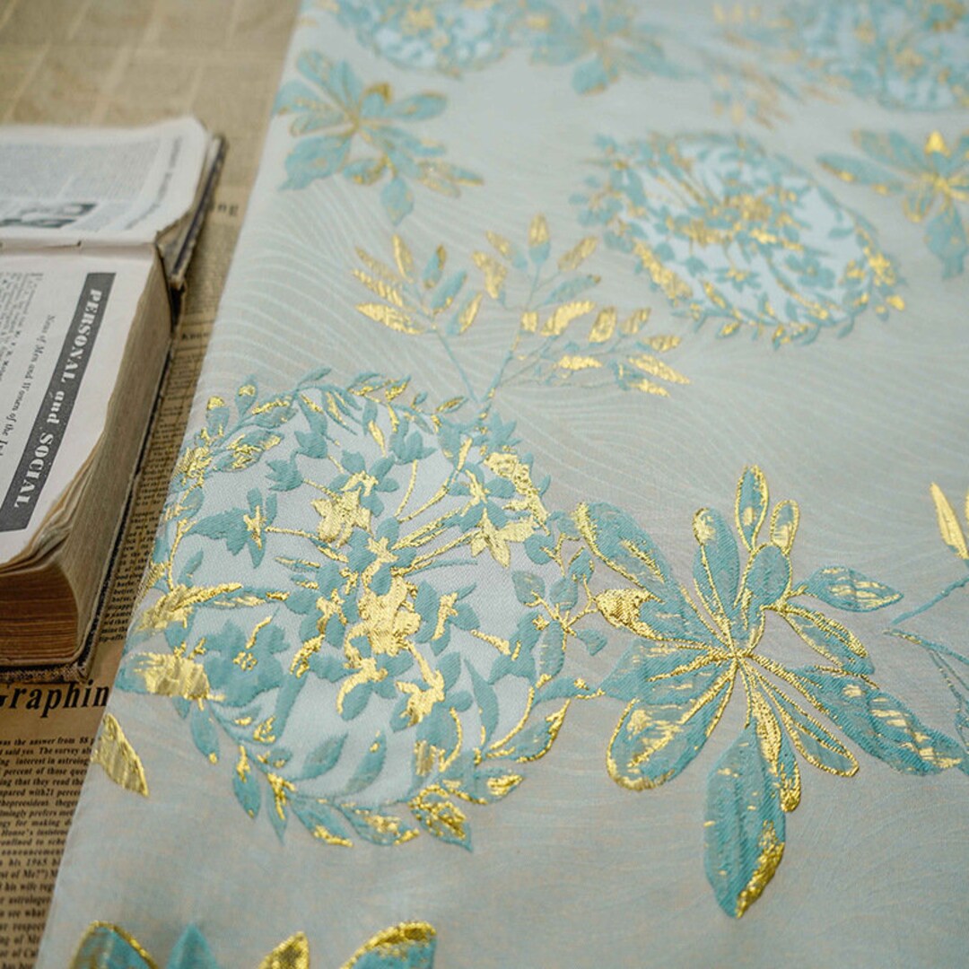 Aqua Blue Jacquard Fabric 3D Gold Thread Flower Design, 56" Wide ...