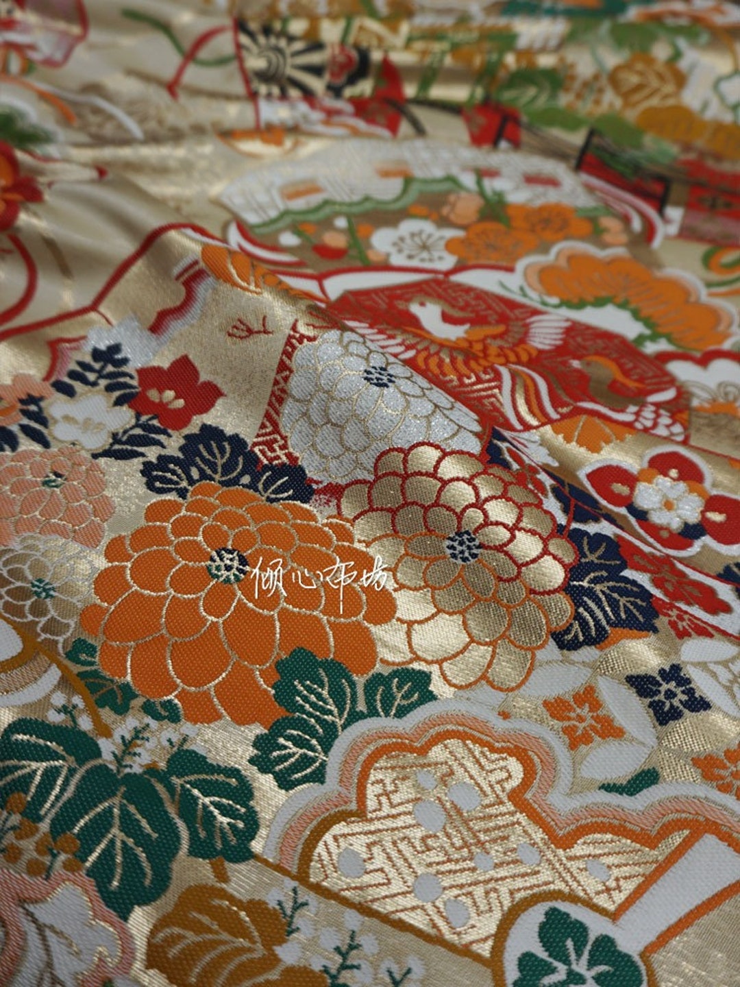 29.5" Width Nishijin Crane Japanese Kinran Fabric, Modern Gold Jacquard ...