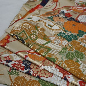 29.5" Width Nishijin Crane Japanese Kinran Fabric, Modern Gold Jacquard ...