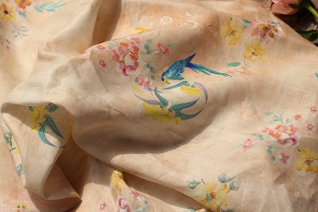 100% Ramie Fabric Flowers and Birds for Clothing & Home Textile, 55“W ...