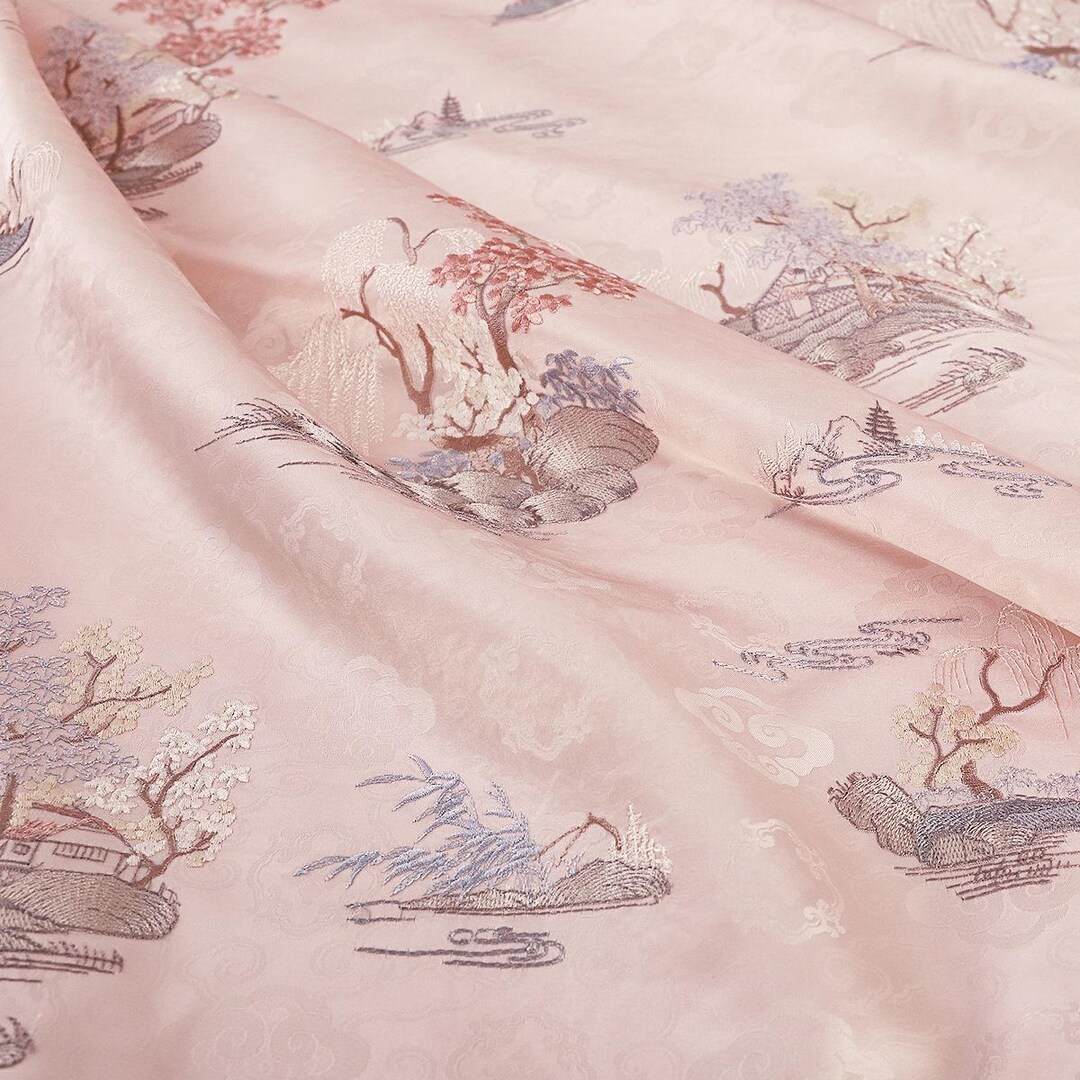 59”W Light Pink Embroidery Flower Damask Fabric by the Meter, Dress ...