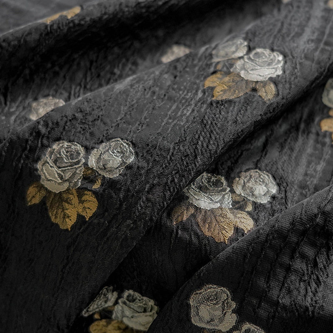 Black Embossed Rose Flowers Fabric, Texture Crack Style, Designer ...