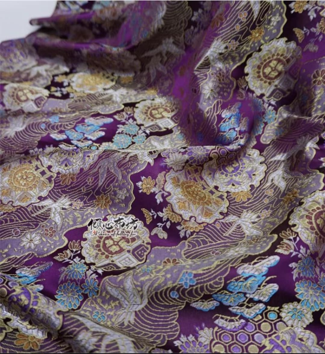Nishijin Crane Kinran Fabric: Black Jacquard Silk Brocade Damask - Etsy