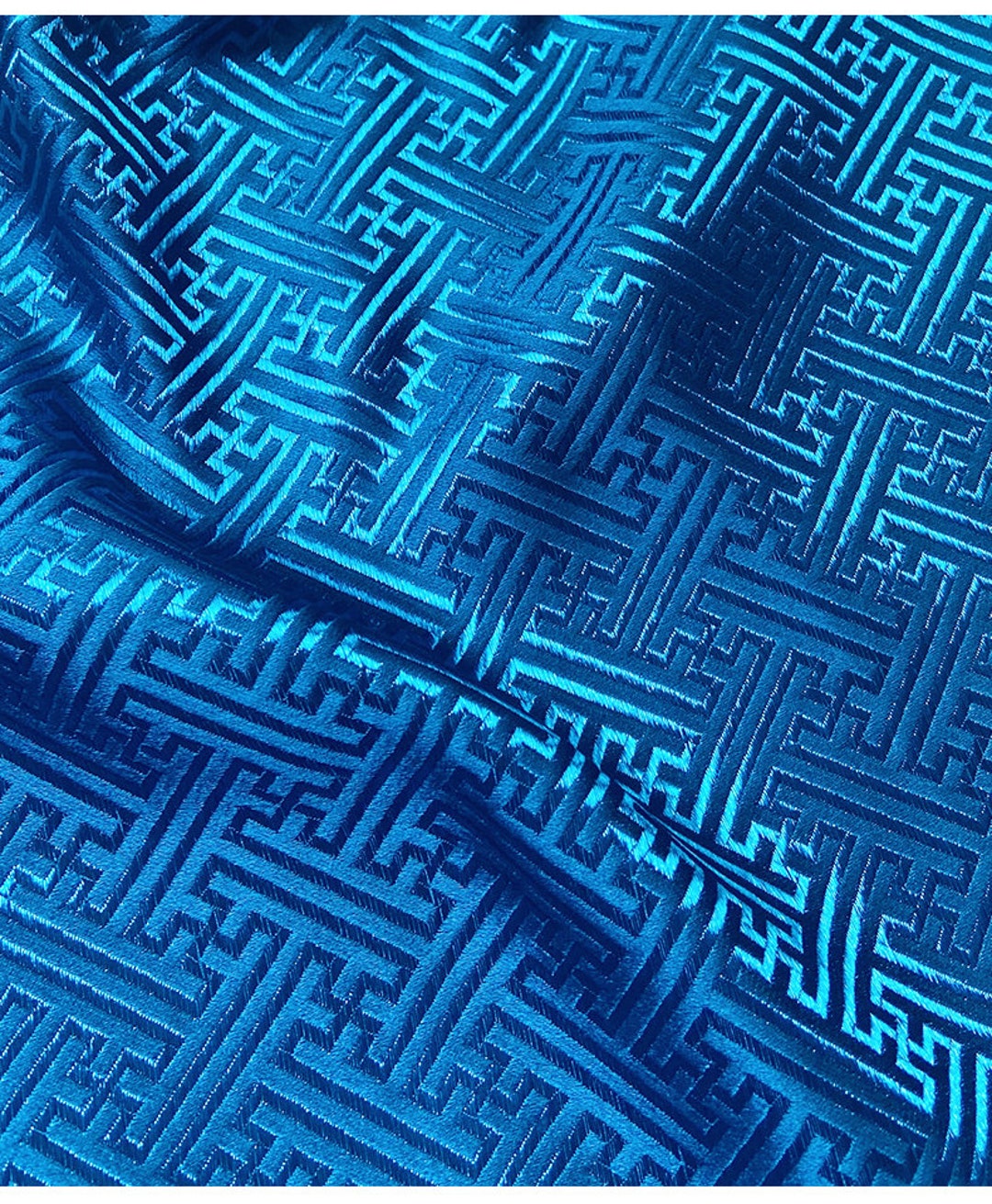 Chinese Brocade Fabric, 59"w, Fret Pattern, Turquoise Color, Upholstery ...