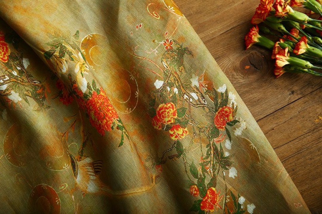 Dunhuang Ink Painting Ramie Fabric: Floral Print, 57" Wide - Etsy