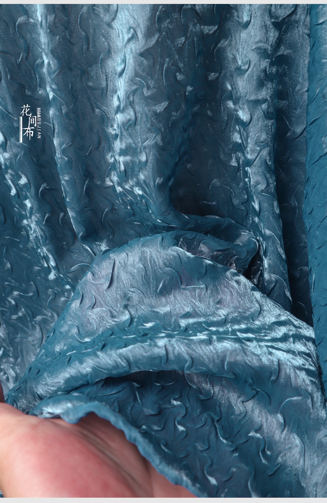 57“W Sea-blue Wavy Crepe Mesh Fabric, Irregular Wavy Pleated, Artistic ...