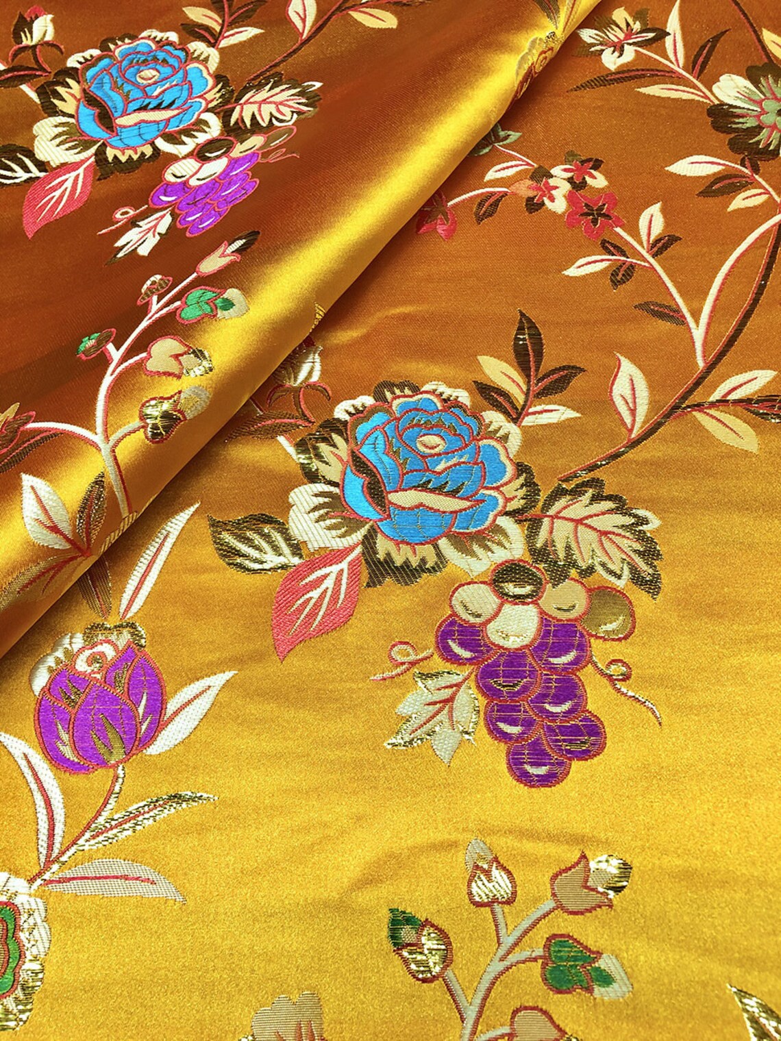 59 Wide Chinese Gold Thread Rose Silk Fabric Handmade - Etsy