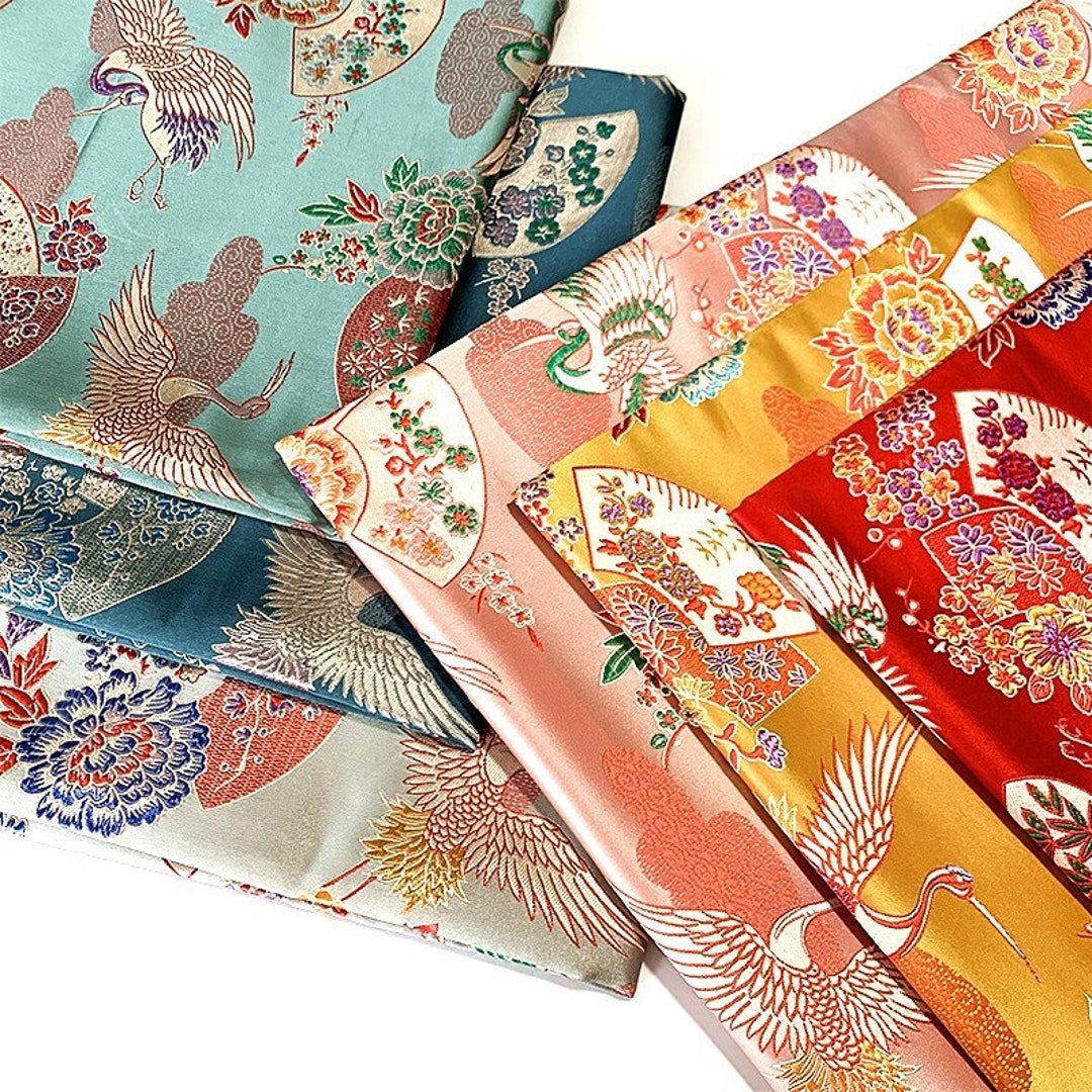 Nishijin Japanese Brocade Fabric: Crane & Fan Jacquard Silk Rayon Blend ...