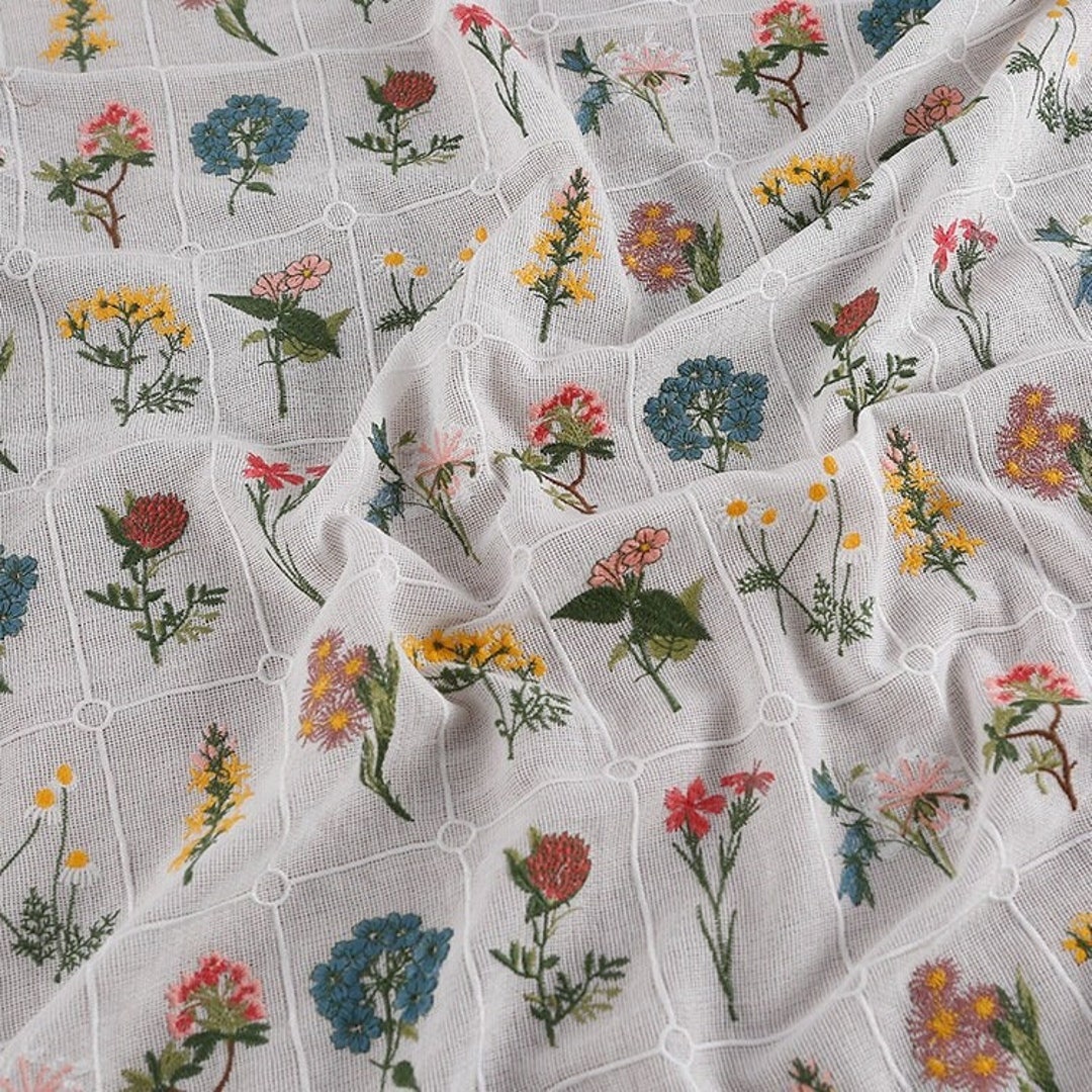 49“W 3D Floral Embroidery Cotton Fabric, Multicolour Plants, Curtain ...