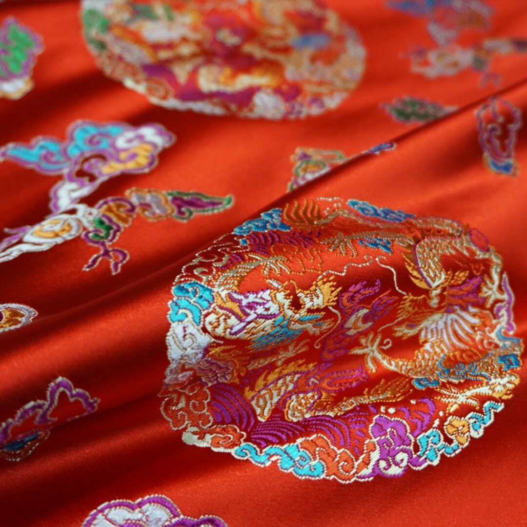 Chinese Dragon Brocade Fabric: Multicolor Silk Rayon Blend (29" Wide ...