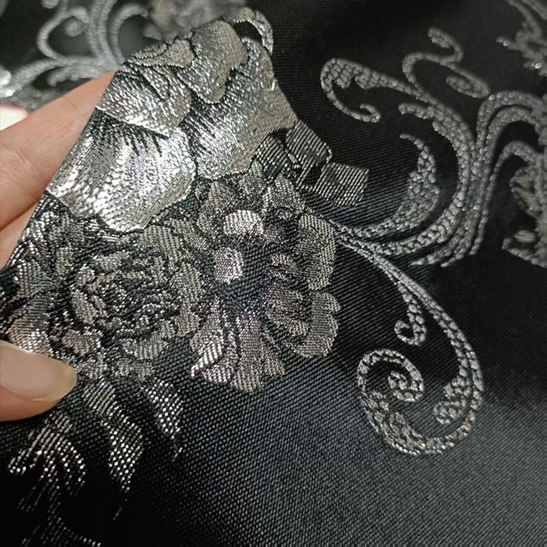 Black Jacquard Brocade Fabric: White Shimmer Floral Embossed, 59" Wide ...