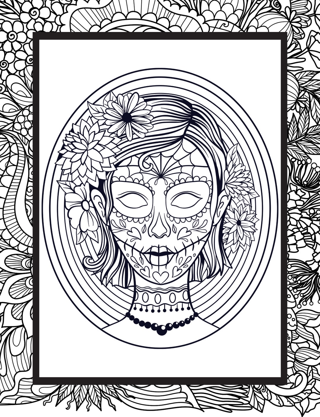Female Sugar Skull Coloring Page for Adults - Dia De Los Muertos Scary ...