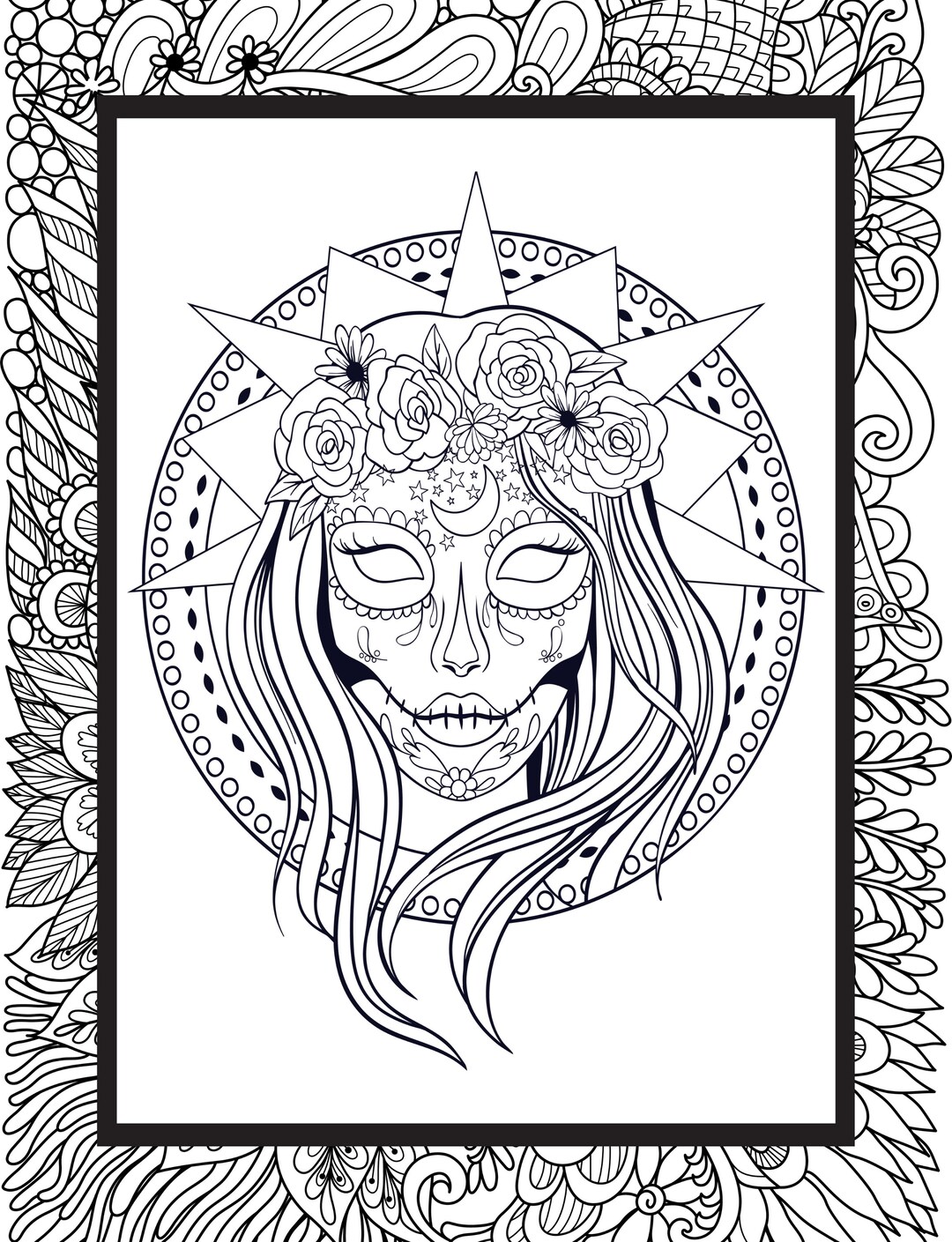 Female Sugar Skull Coloring Page for Adults - Day of the Dead Mexican ...