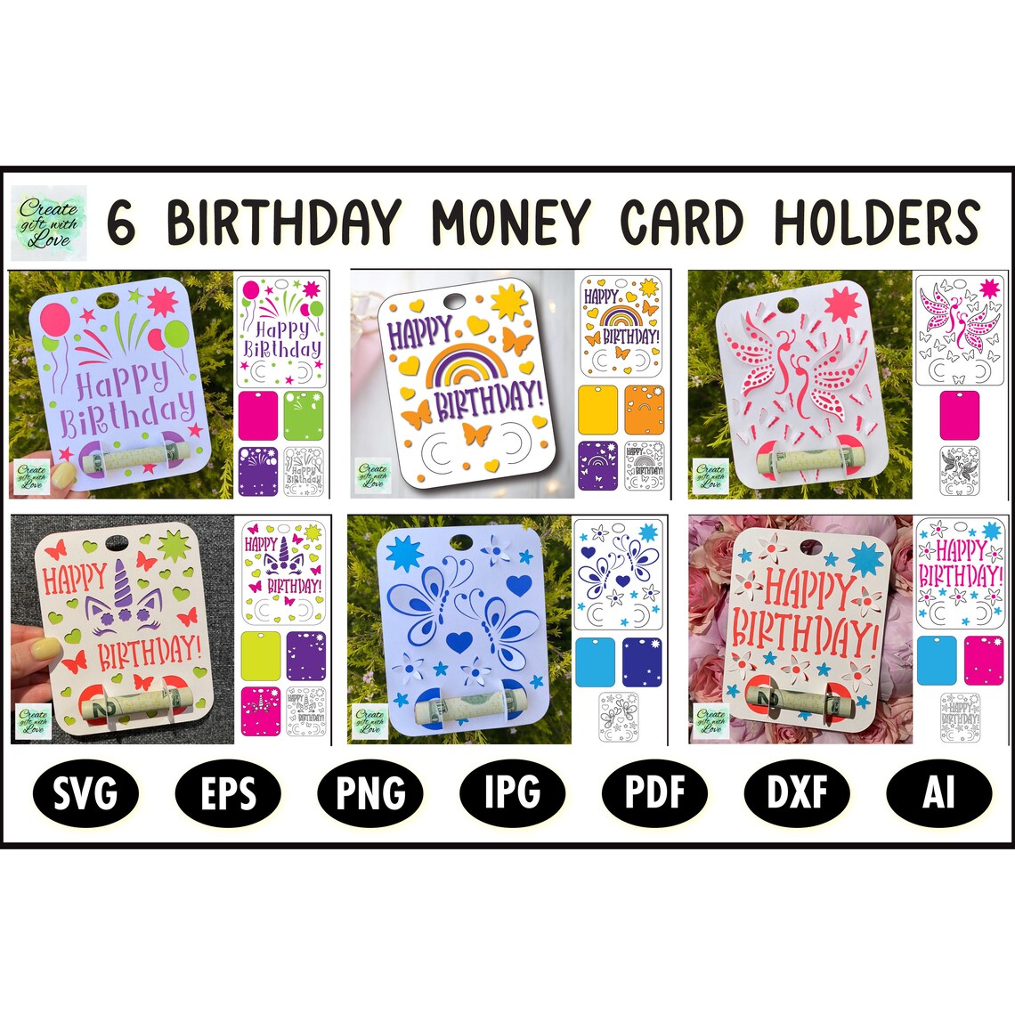 Money Card SVG, 6 Pc, Gift Holder on Birthday, Mini Bundle. Happy ...