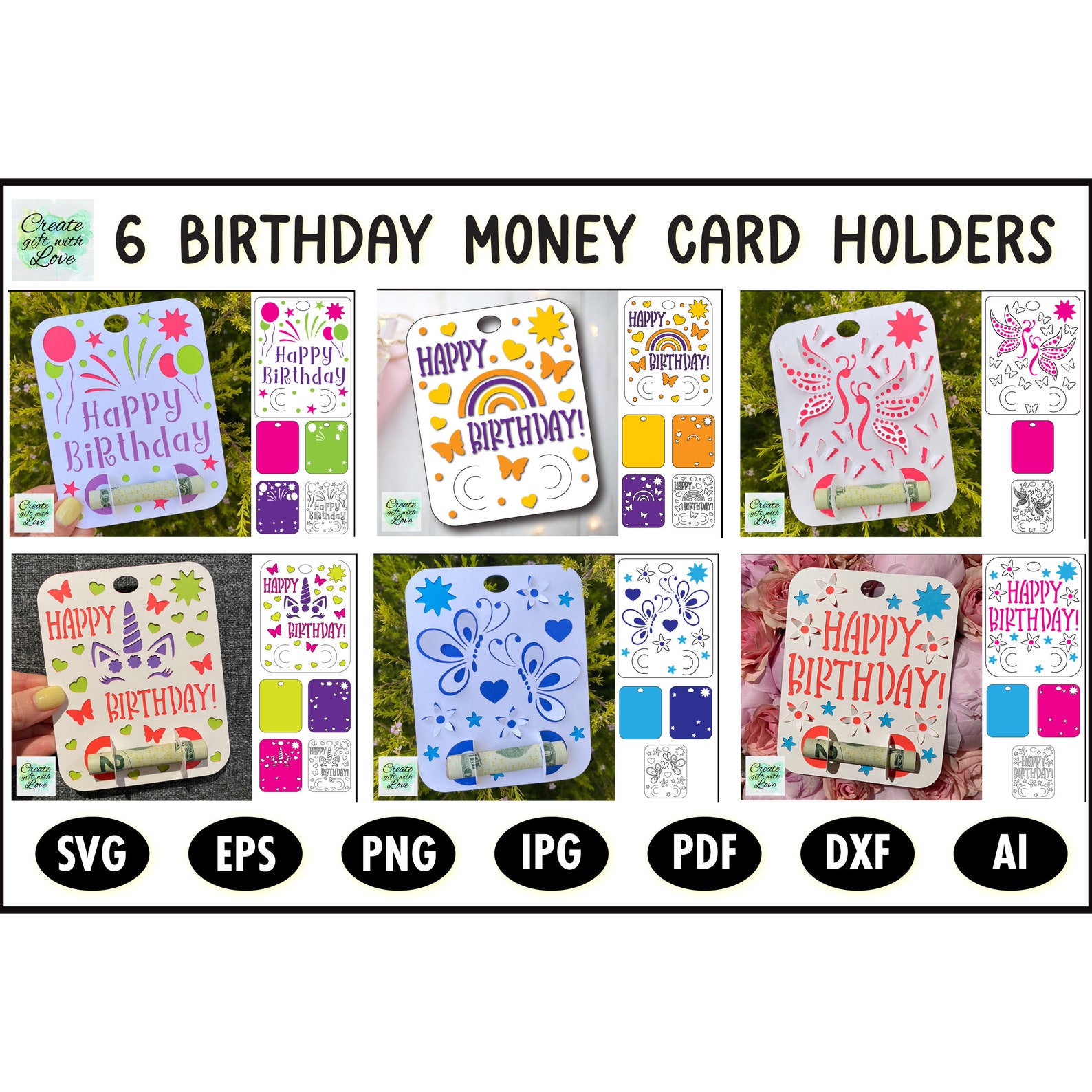 Money Card SVG, 6 Pc, Gift Holder on Birthday, Mini Bundle. Happy ...