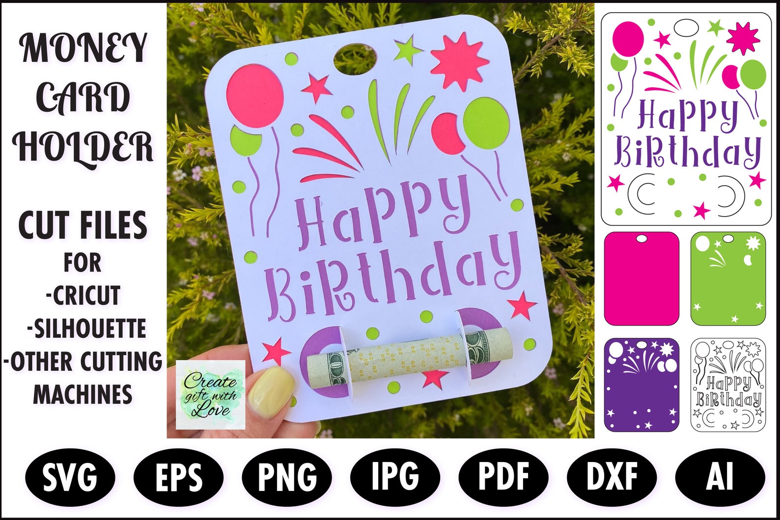 Money Card SVG, 6 Pc, Gift Holder on Birthday, Mini Bundle. Happy ...