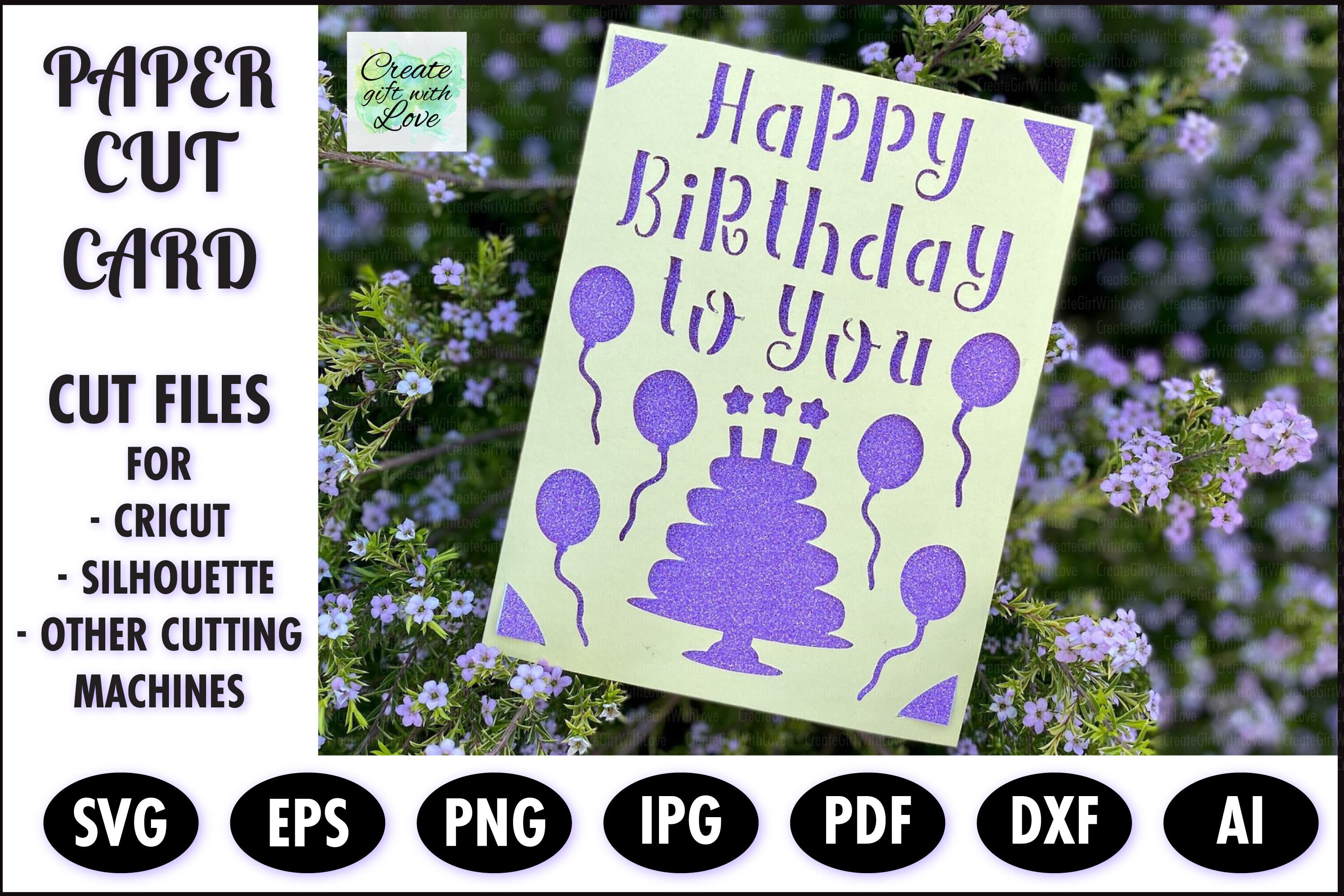 Happy Birthday Cutting Card SVG File With Hand, Tulips, Hearts and ...