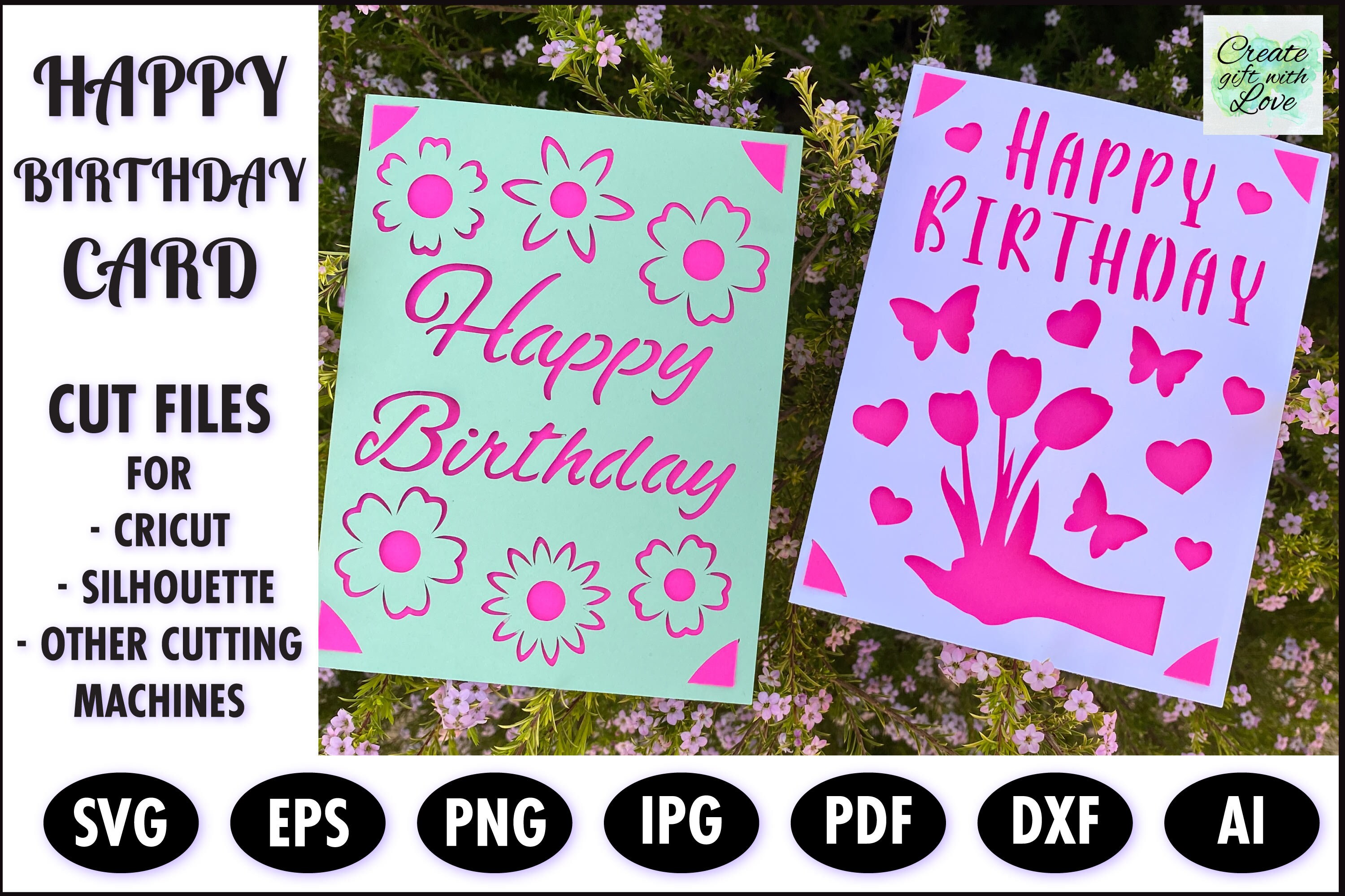 Happy Birthday Cutting Cards SVG File With Hand Tulips - Etsy