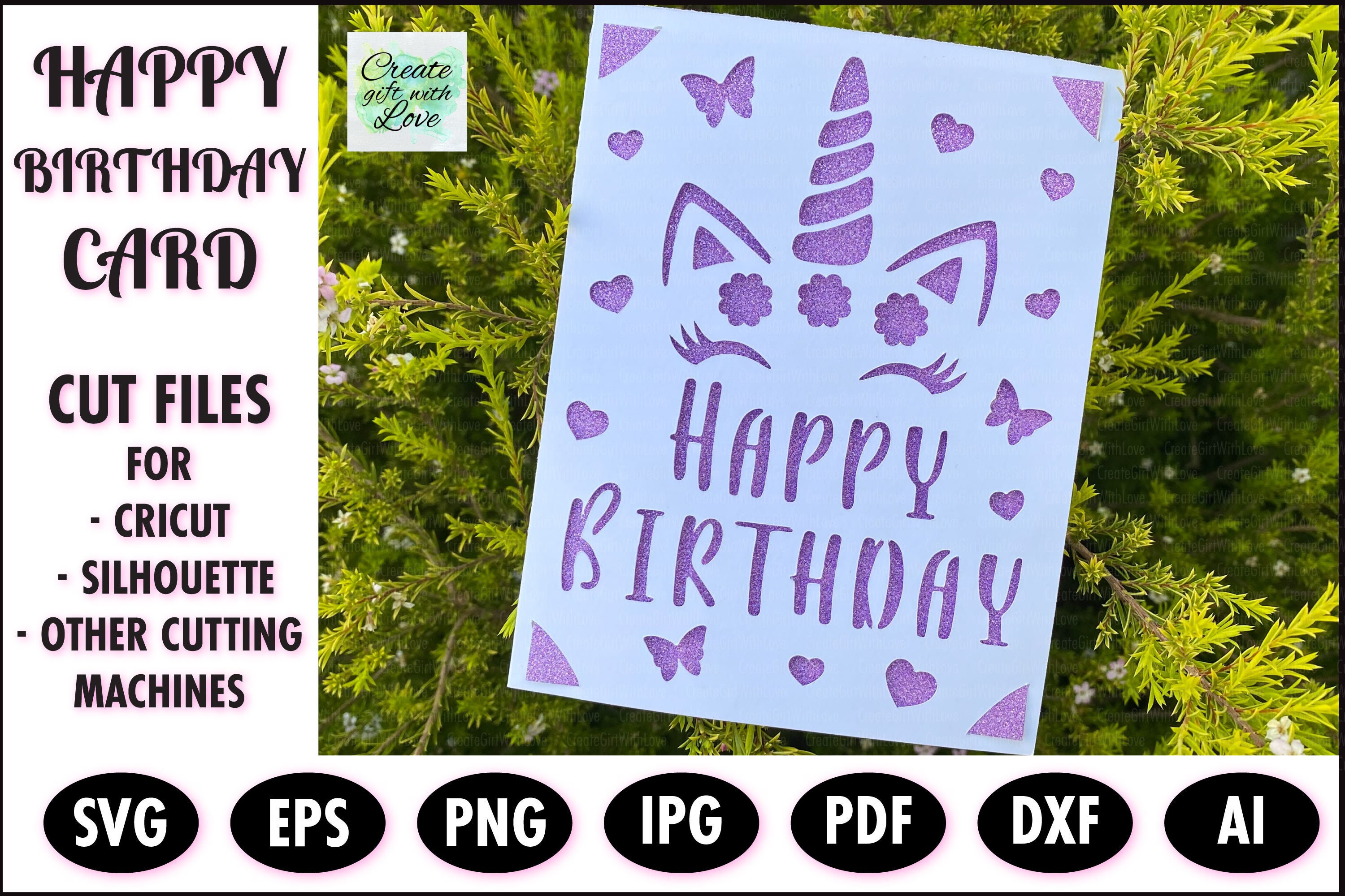 Happy Birthday, Insert Cutting Card SVG File With Unicorn, Butterflies ...