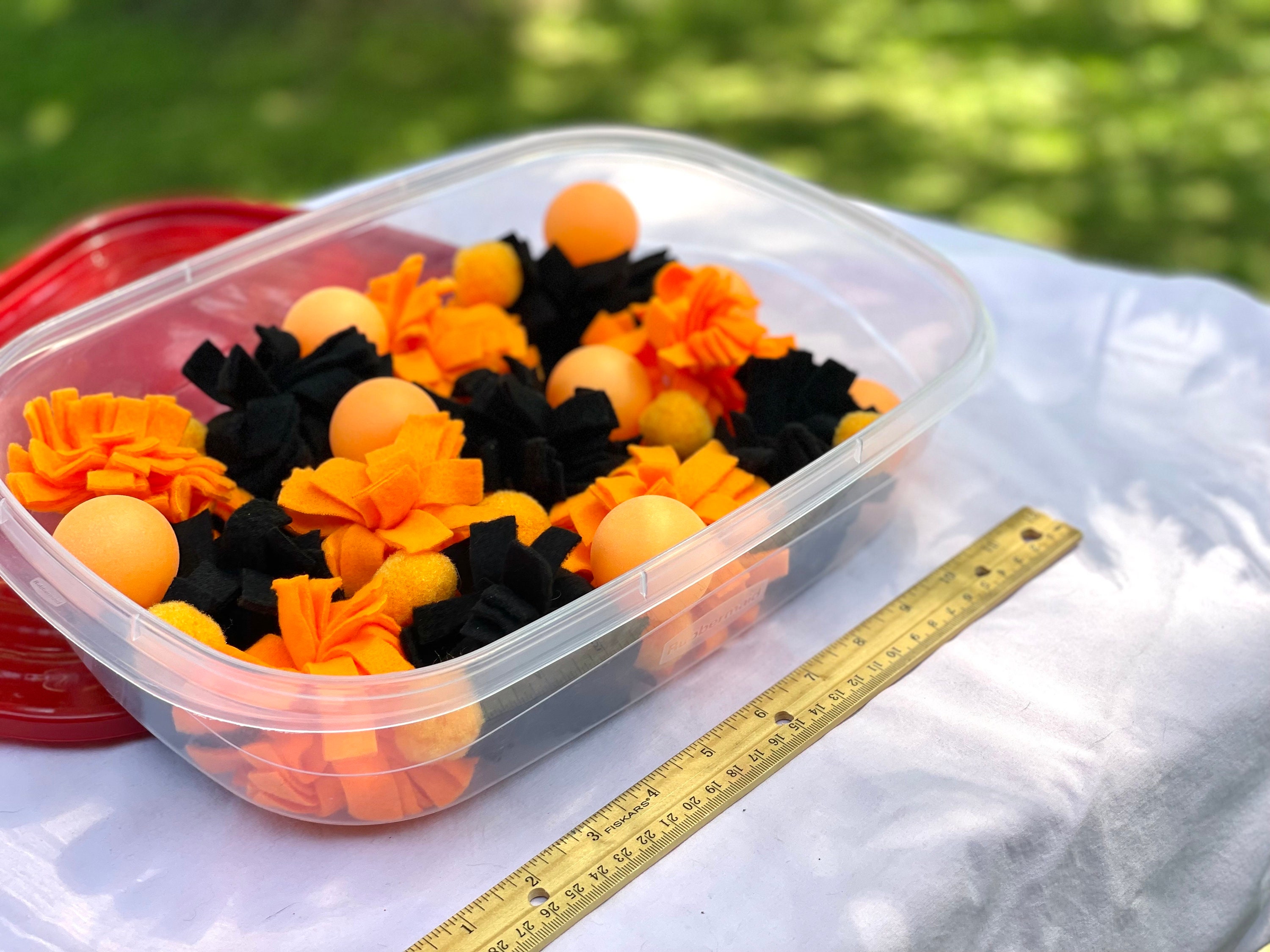 Orange and Black Halloween Hedgehog Dig Box Burrowing Fleece Pom Poms ...