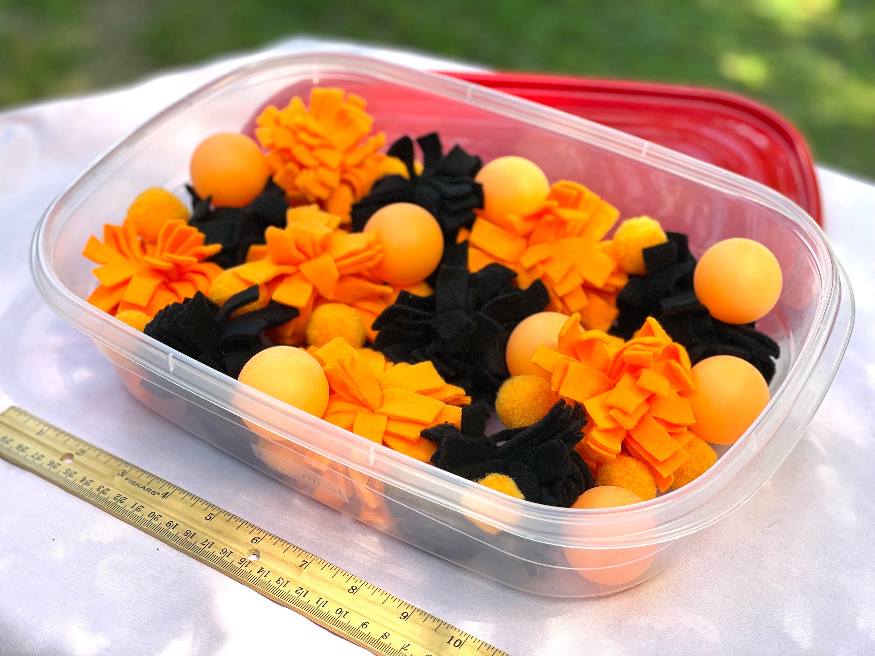 Orange and Black Halloween Hedgehog Dig Box Burrowing Fleece Pom Poms ...