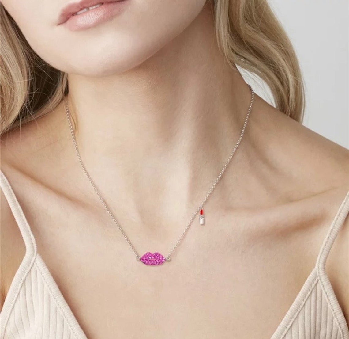 Lips Pendant Necklace Red Lipstick Necklace 925 Sterling - Etsy