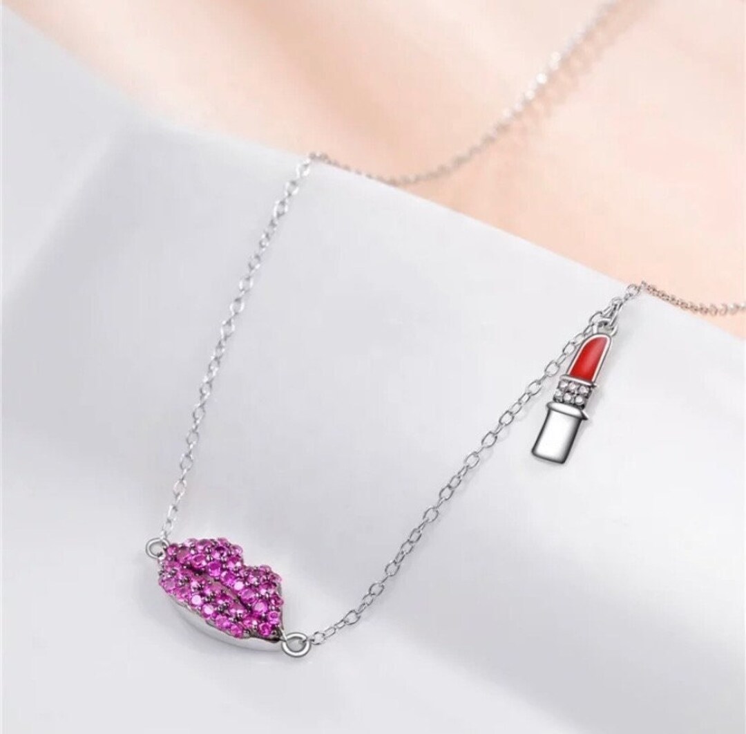 Lips Pendant Necklace, Red Lipstick Necklace, 925 Sterling Silver, Lip ...