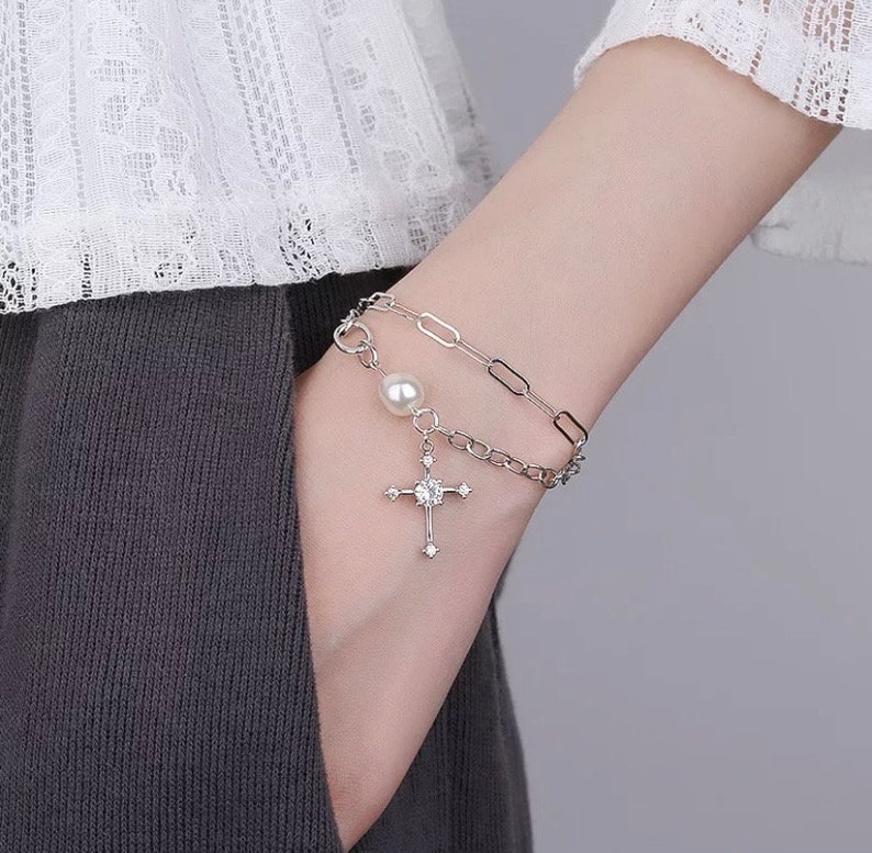 Paperclip Bracelet Cross Bracelet Freshwater Pearl Bracelet - Etsy