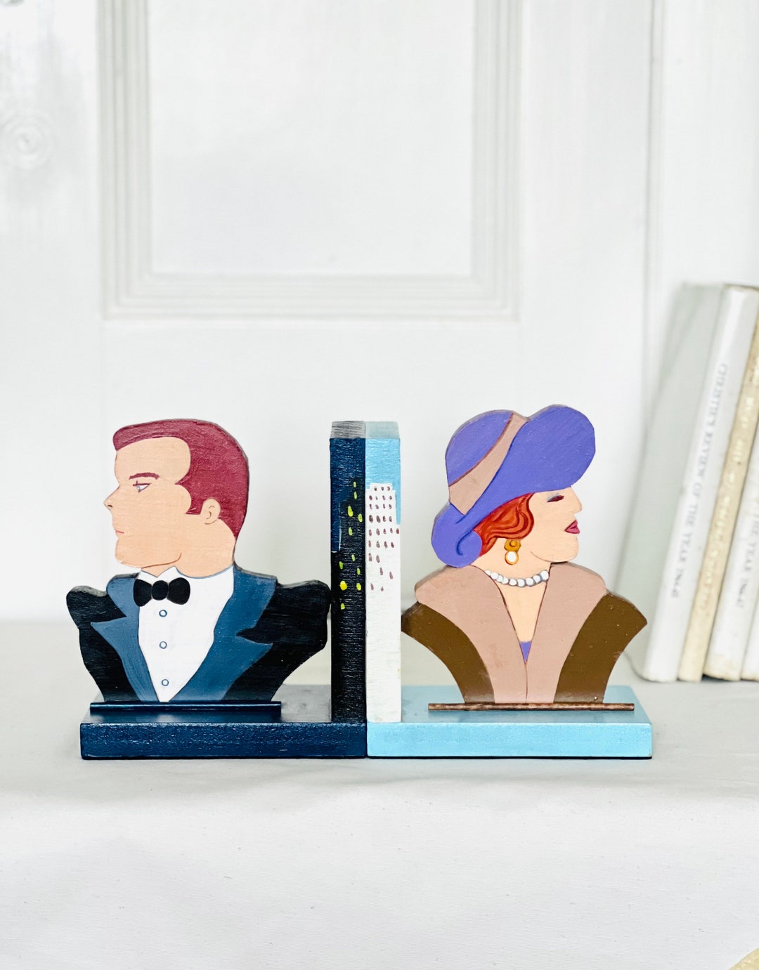 Vintage Hand Carved Wooden Bookends, Male and Female Bust Shapes, Urban ...
