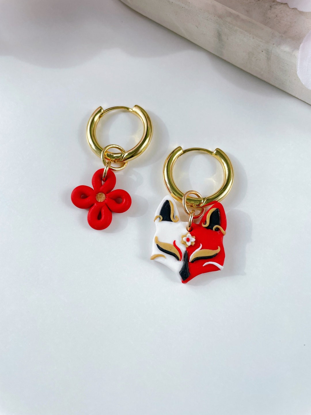 Mismatched Kitsune Mask Earrings, Asian Style Convertible Earrings ...