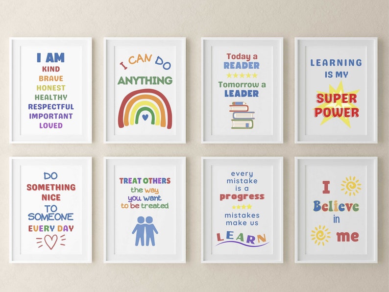 Set of 8 Kids Motivational Wall Art, Kids Positive Affirmation Wall Art ...