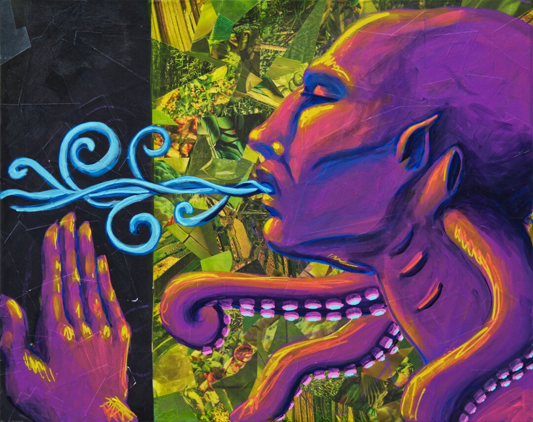 Face With Tentacle Hair, Hand Pushing Against Black Space Original Art ...