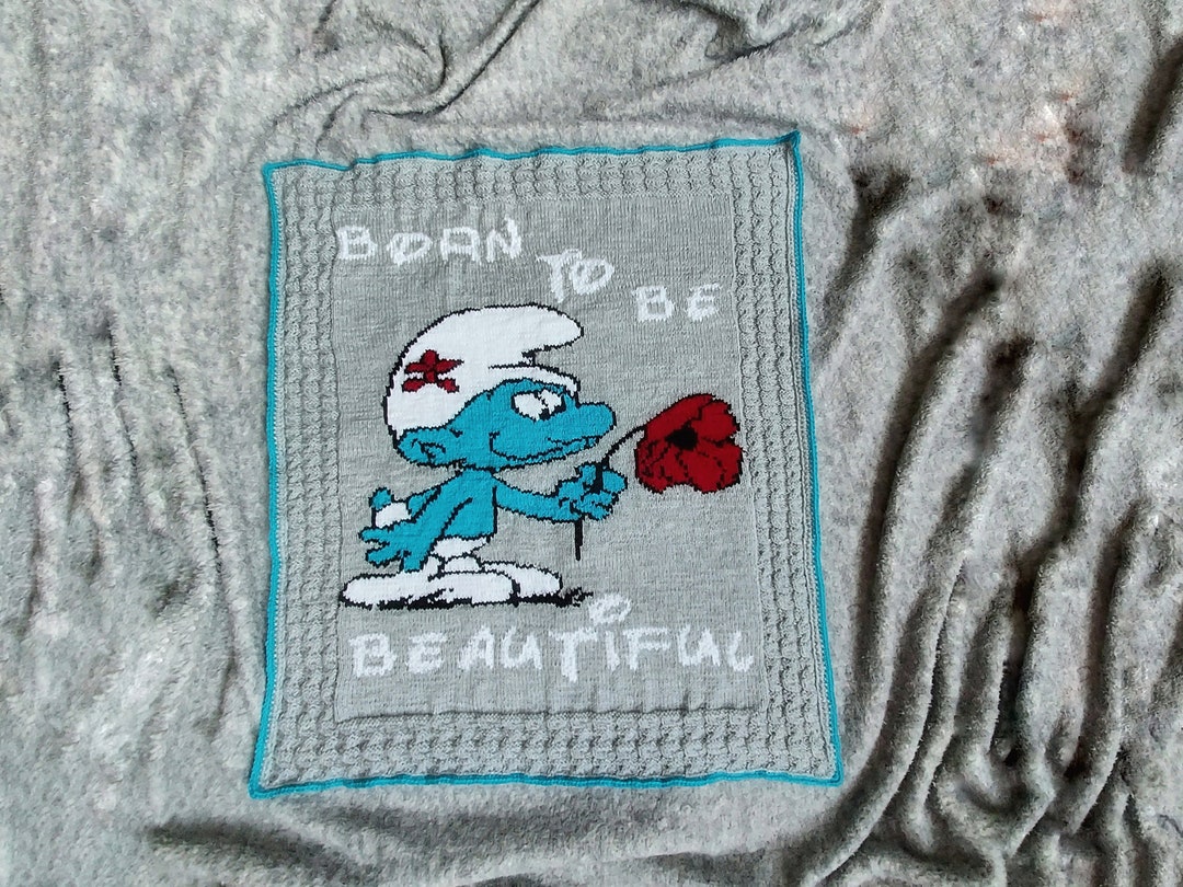 Smurf Baby Blanket, Crochet Edge, Acrylic Fleece, Baby Shower Gift ...