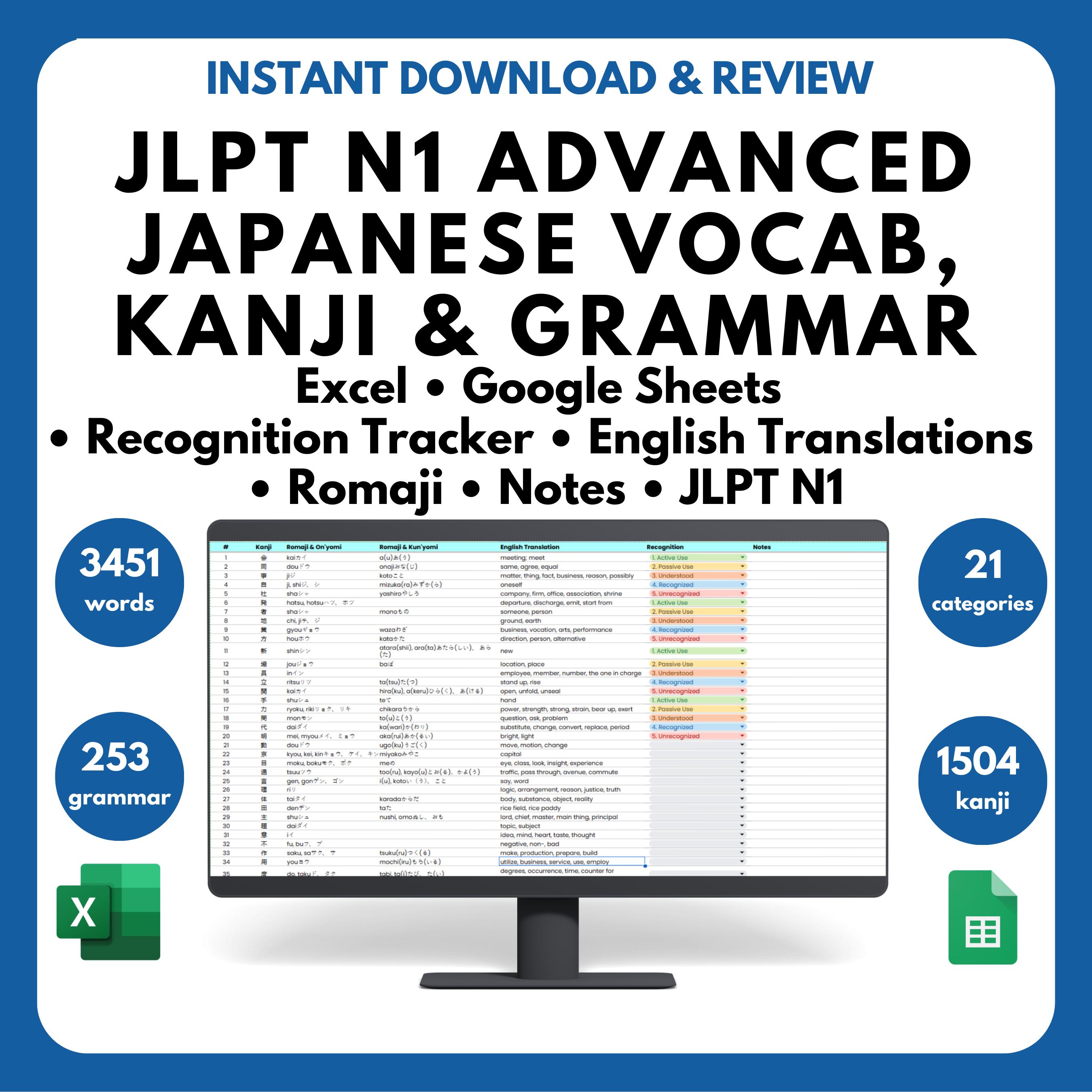 Advanced Japanese JLPT N1 Spreadsheet Vocabulary Kanji Grammar Study ...