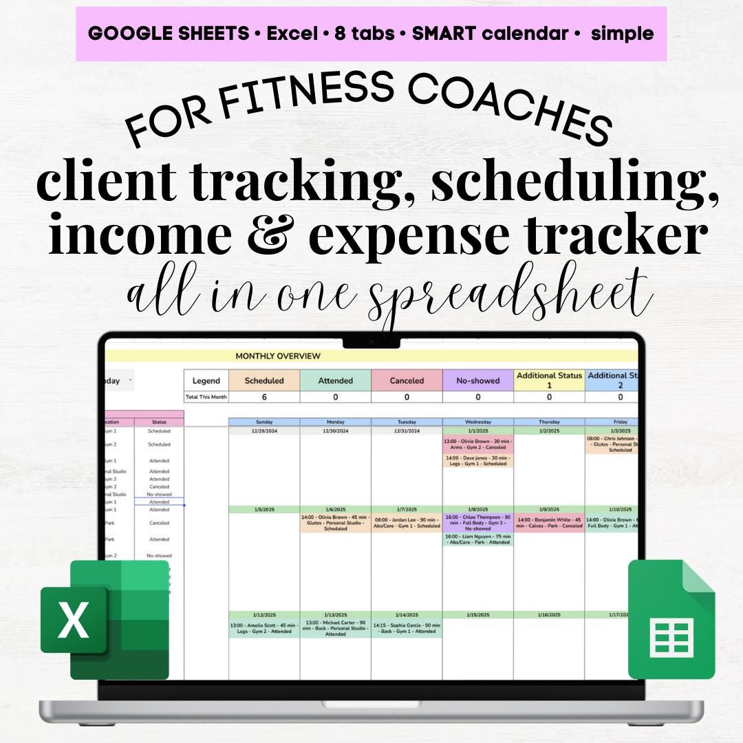 Personal Trainer Client Tracker Calendar, Personal Trainer Spreadsheet ...