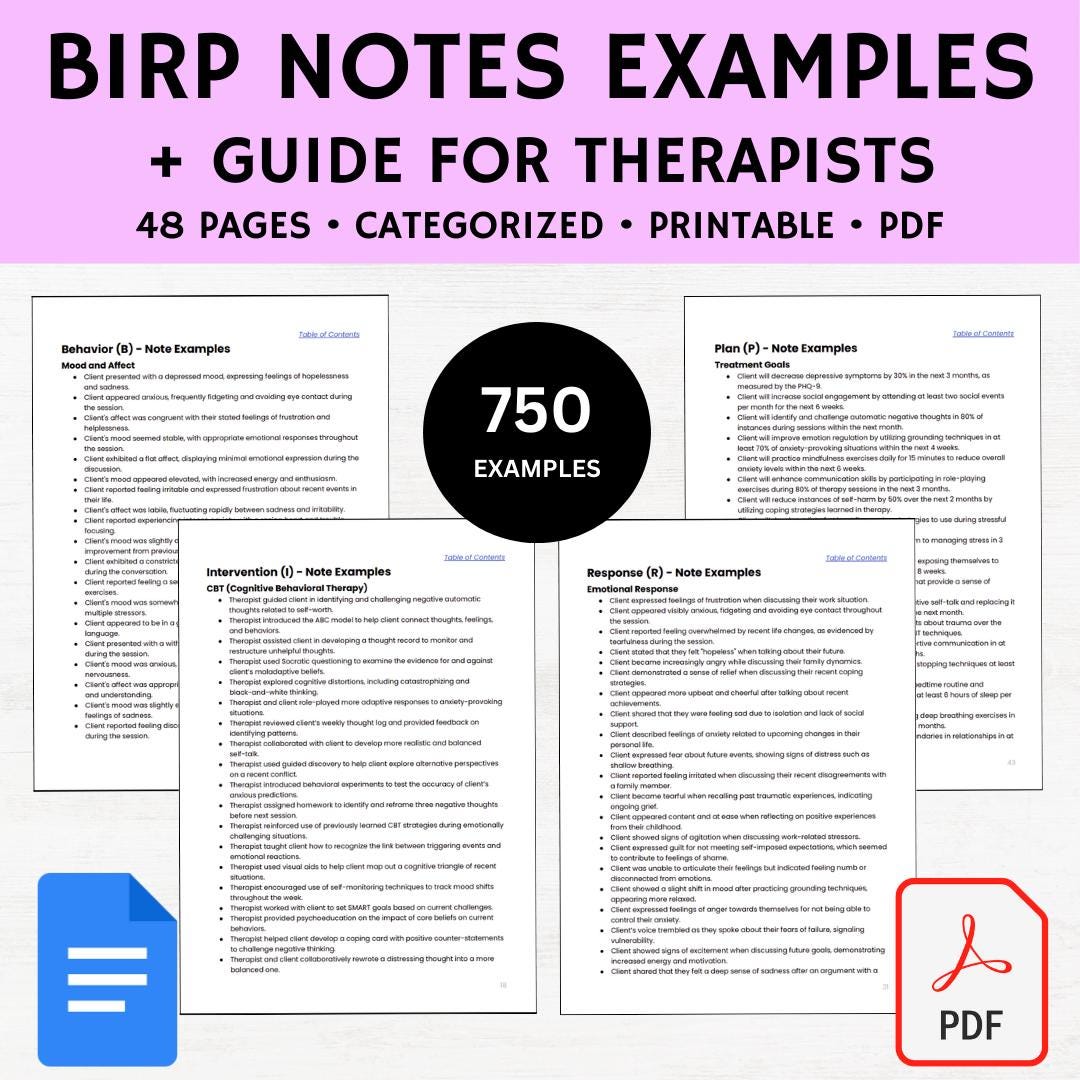 BIRP Note Cheat Sheet PDF, BIRP Note, Mental Health Therapy Notes ...