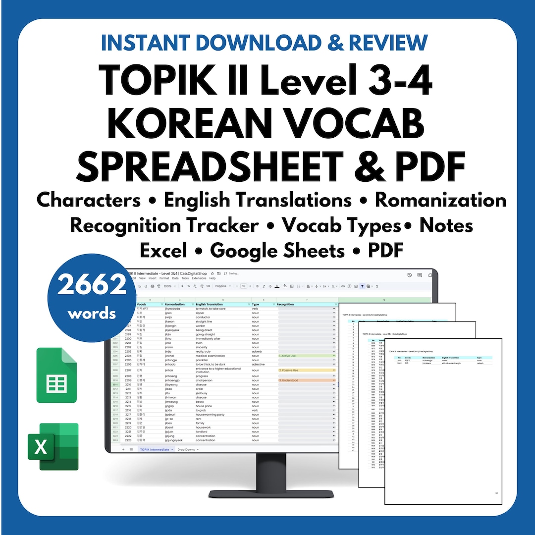 TOPIK II Level 3-4 Intermediate Korean Vocab List Spreadsheet Tracker ...