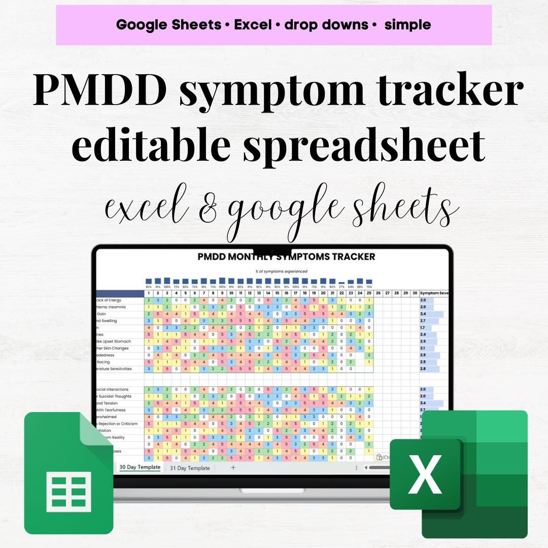 PMDD Symptom Tracker Excel Spreadsheet | Yearly Monthly Symptom Tracker ...