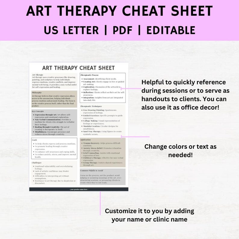 Art Therapy Cheat Sheet, Therapist Tool Printable, Therapy Cheat Sheet ...