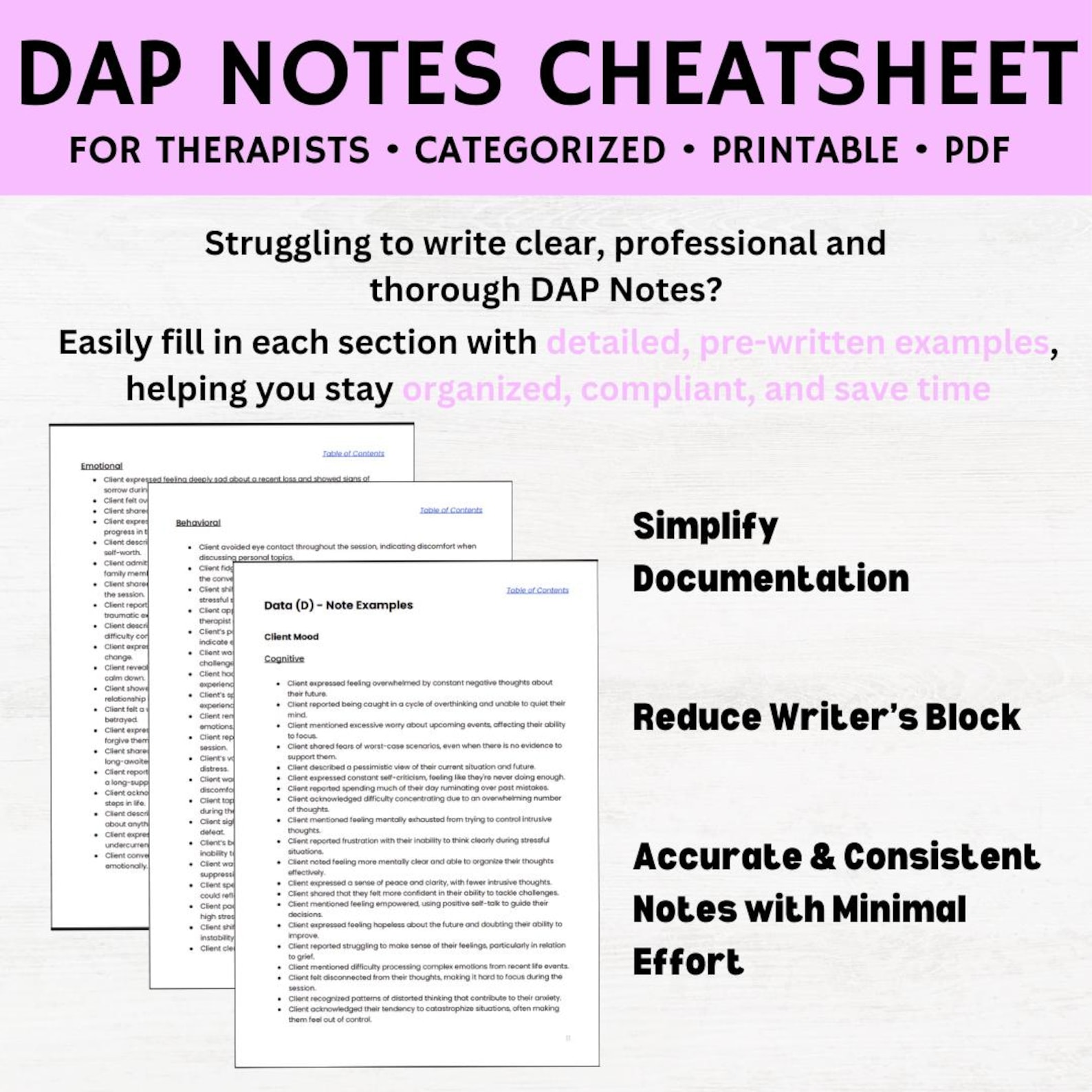 DAP Notes Examples PDF, Therapy Progress Note Cheat Sheet, DAP Note ...